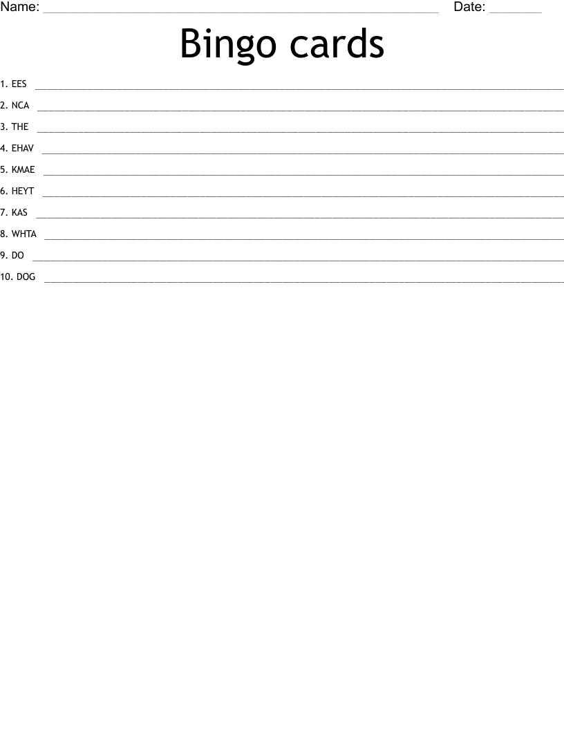 Bingo cards Word Scramble - WordMint