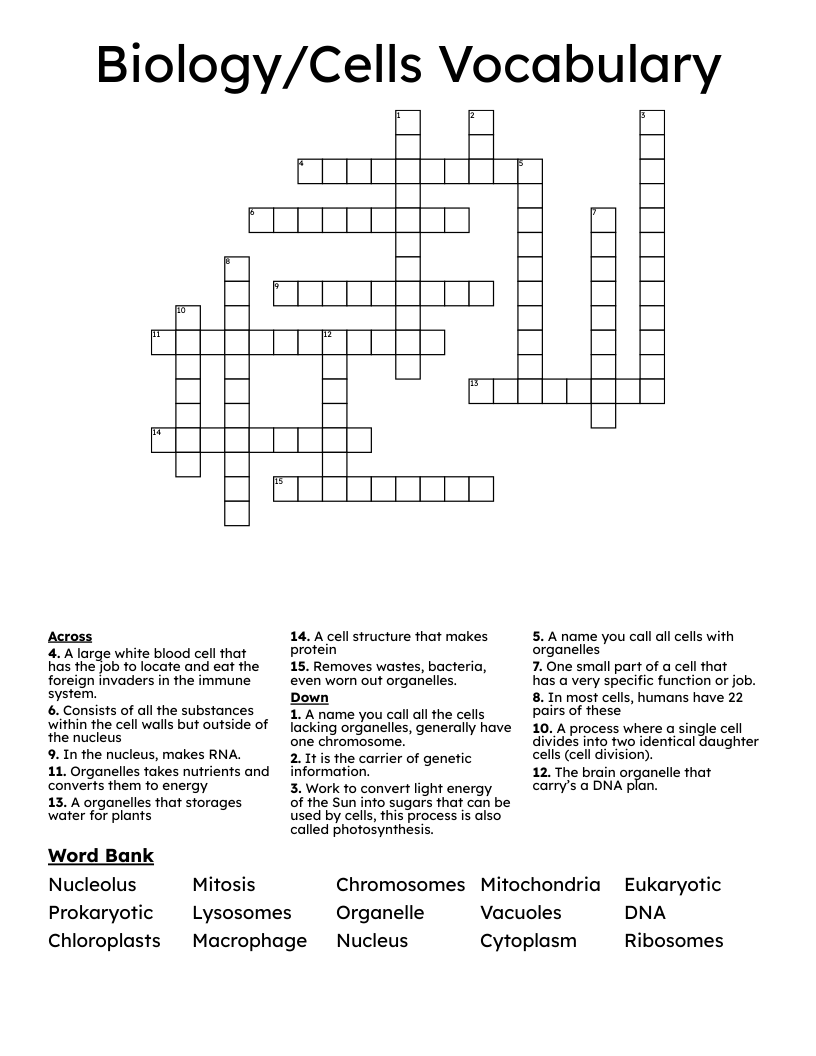 Biology/Cells Vocabulary Crossword - WordMint