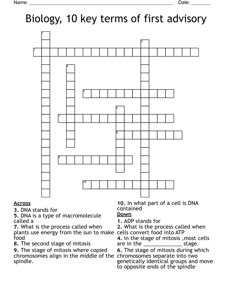 Biology, 10 key terms of first advisory Crossword - WordMint