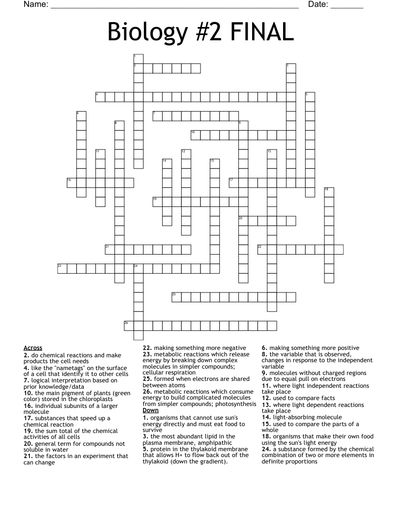 Biology #2 FINAL Crossword - WordMint