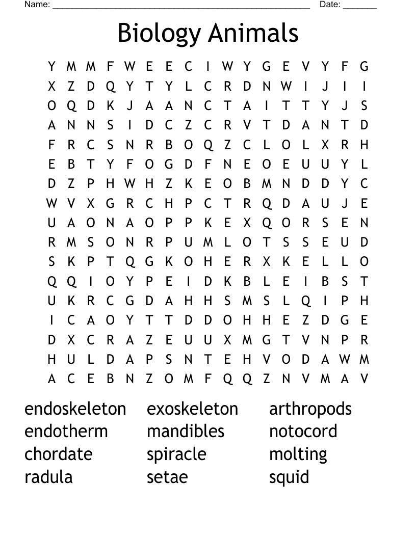 Biology Animals Word Search - WordMint