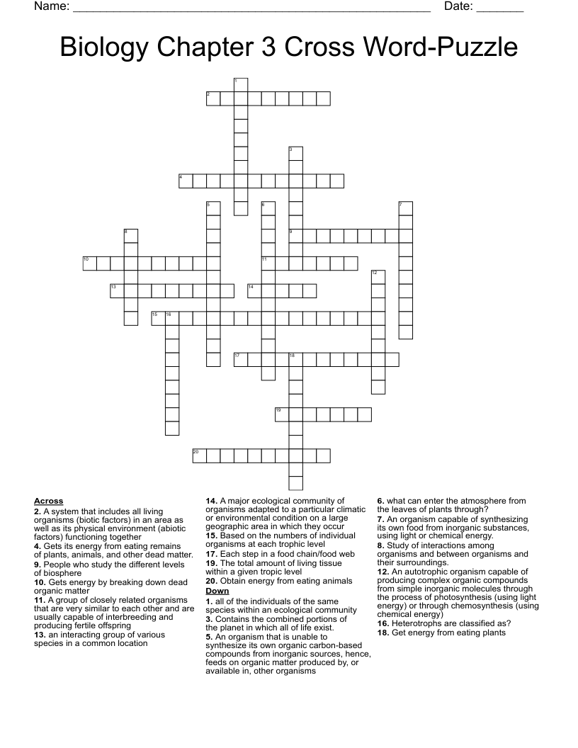 Biology Chapter 3 Cross Word-Puzzle - WordMint