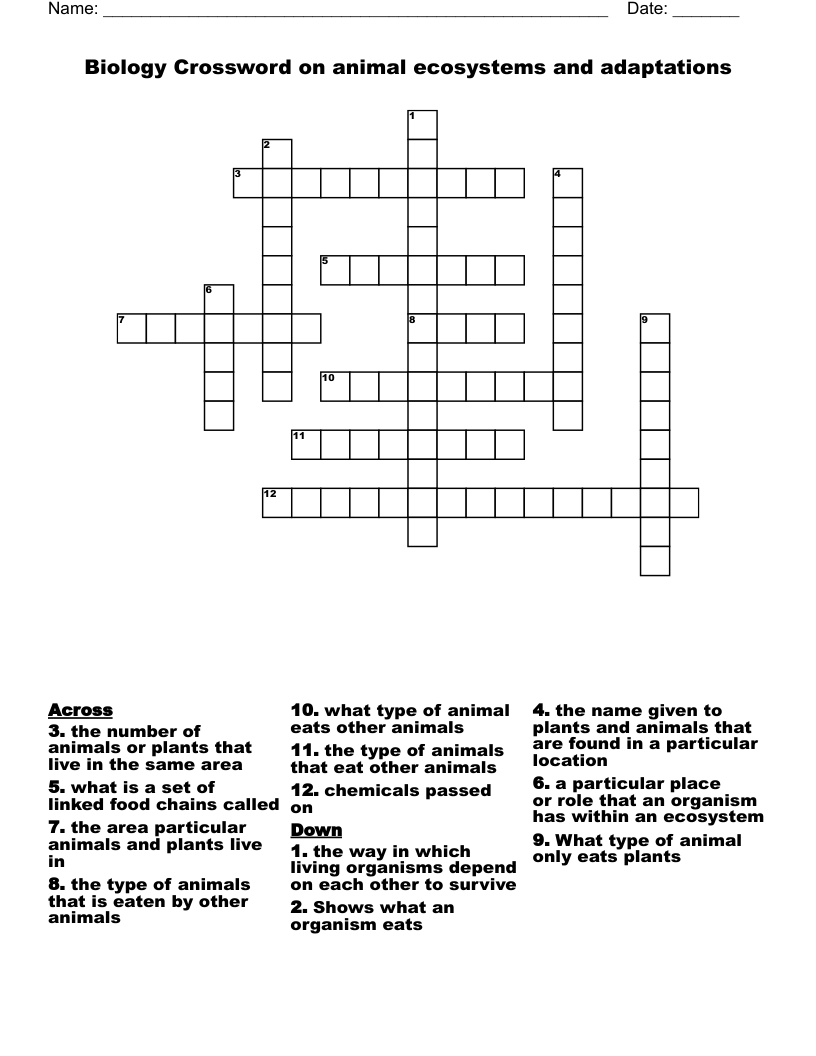 Biology Crossword on animal ecosystems and adaptations - WordMint