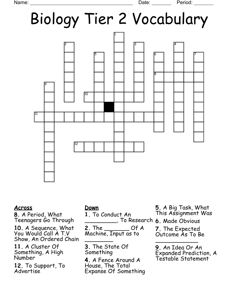 Biology Tier 2 Vocabulary Crossword - WordMint