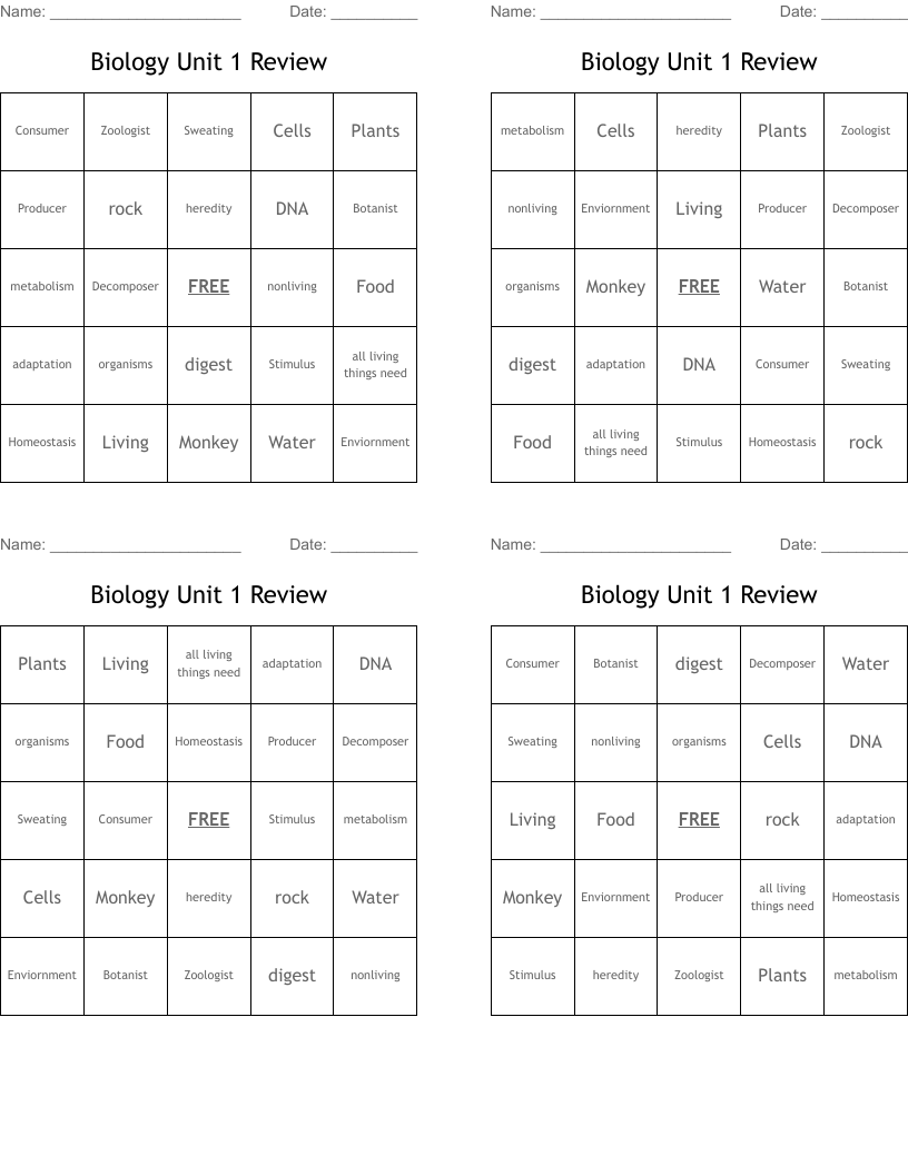 Biology Unit 1 Review Bingo Cards - WordMint