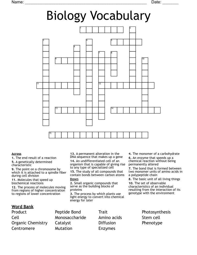 Biology Vocabulary Crossword - WordMint