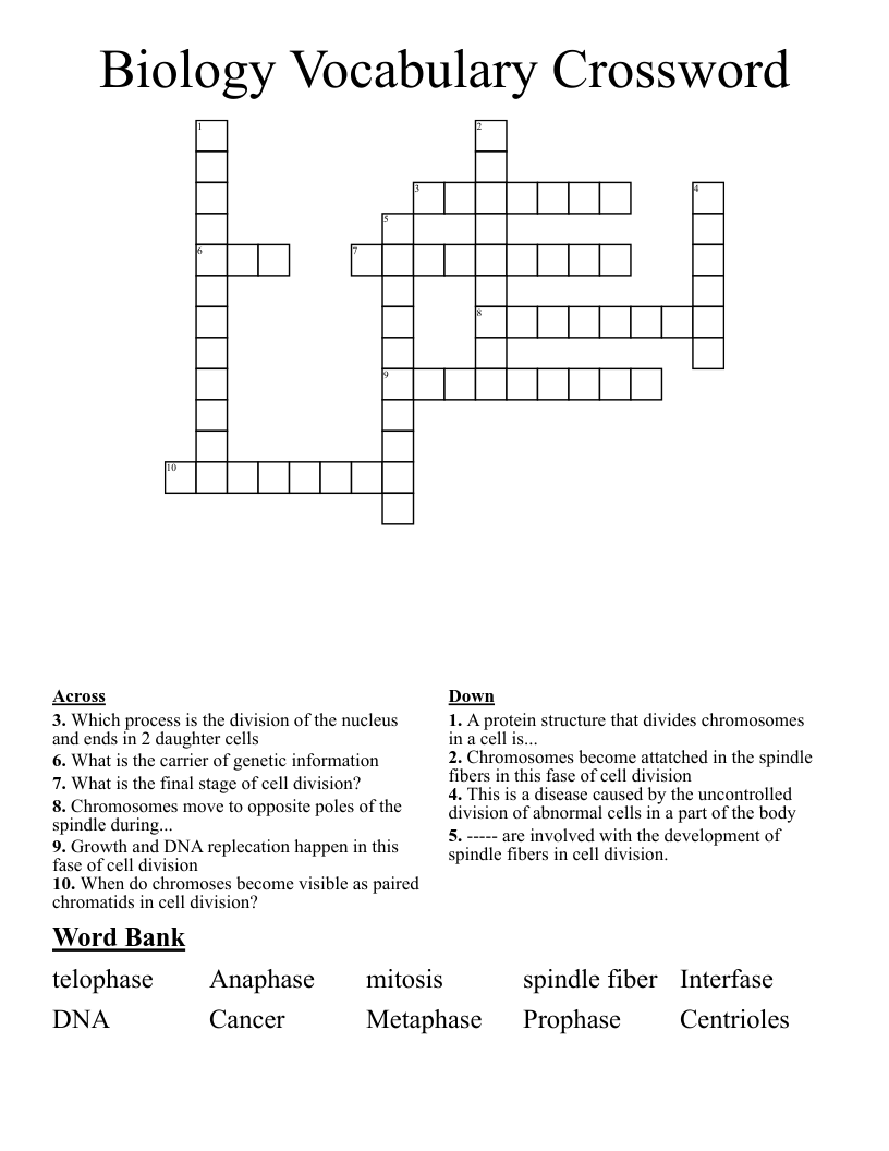 Biology Vocabulary Crossword - WordMint