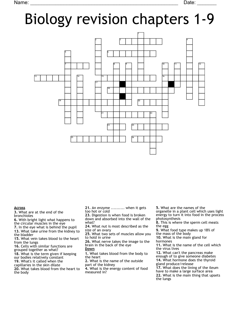 Biology revision chapters 1-9 Crossword - WordMint