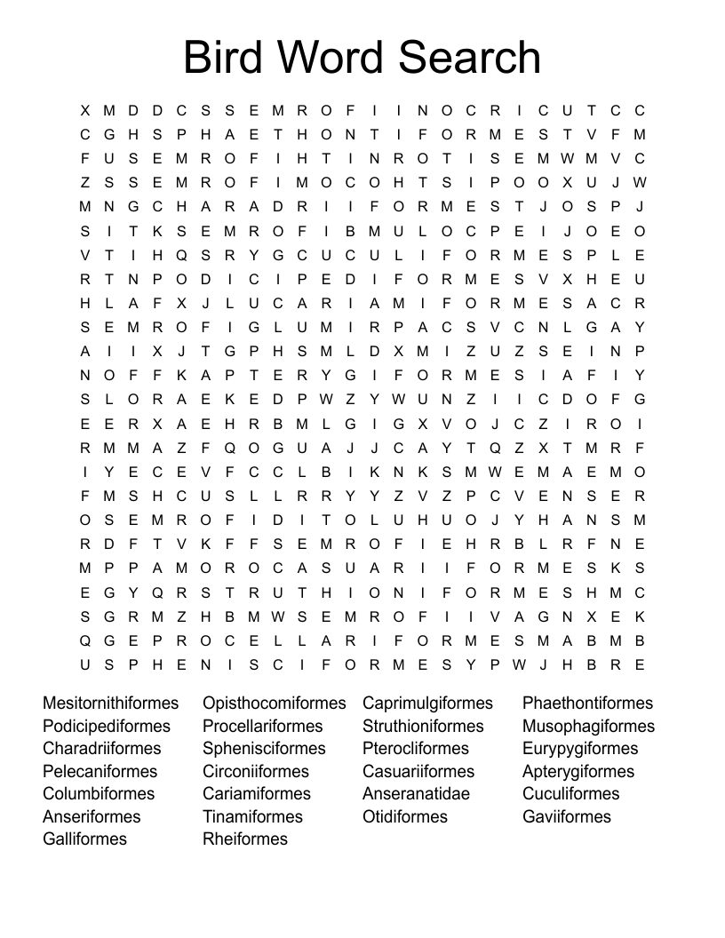 Bird Word Search - WordMint