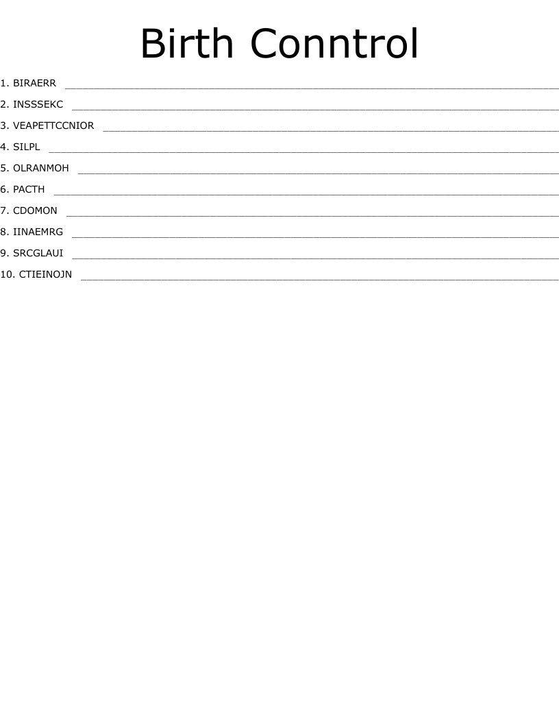 Birth Conntrol Word Scramble - WordMint