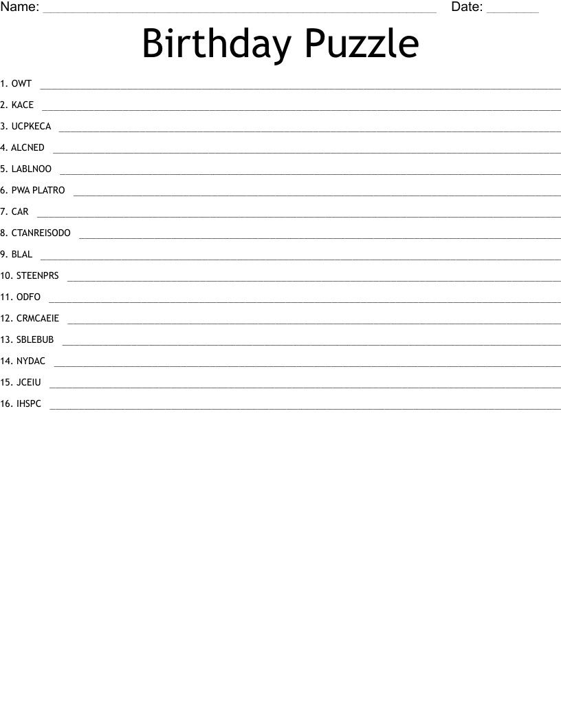 Birthday Puzzle Word Scramble - WordMint