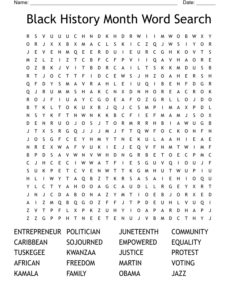 Black History Month Word Search - WordMint