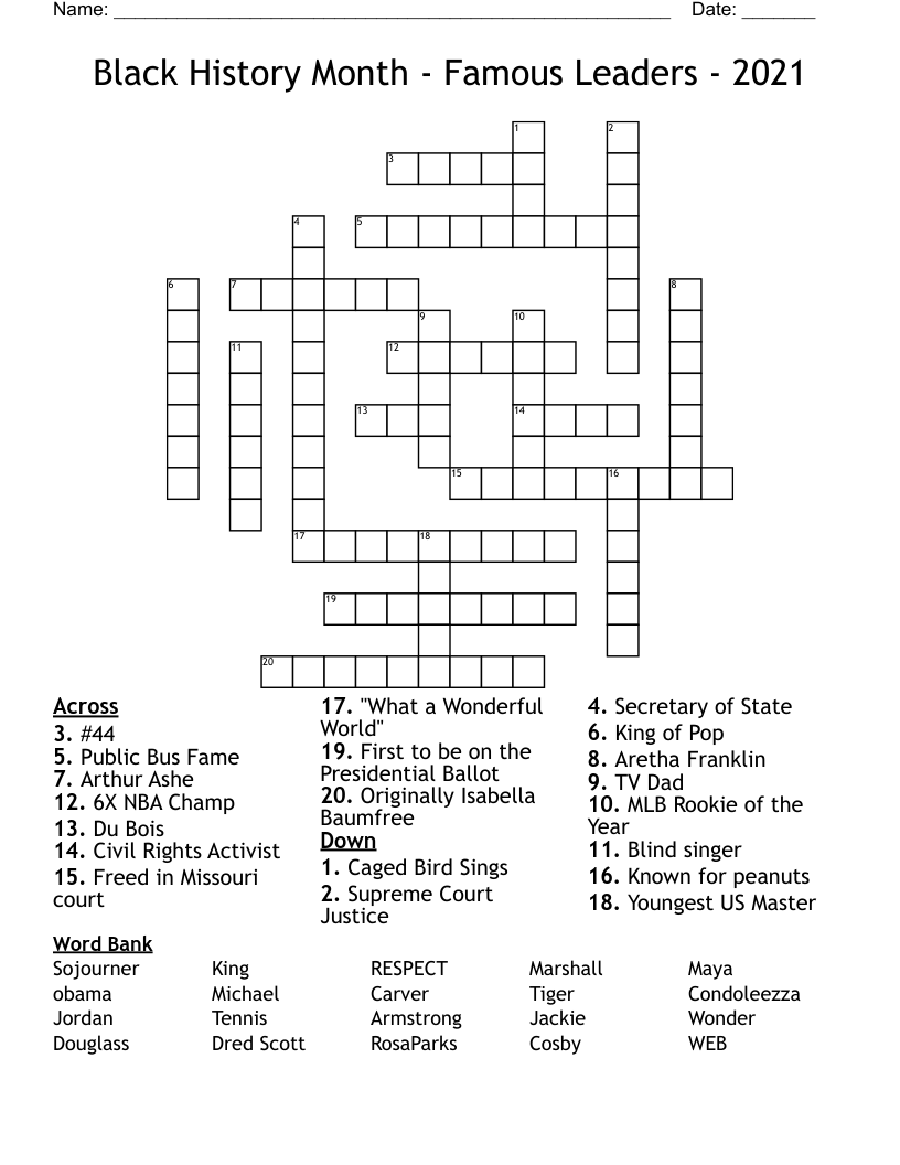 Black History Month - Famous Leaders - 2021 Crossword - WordMint