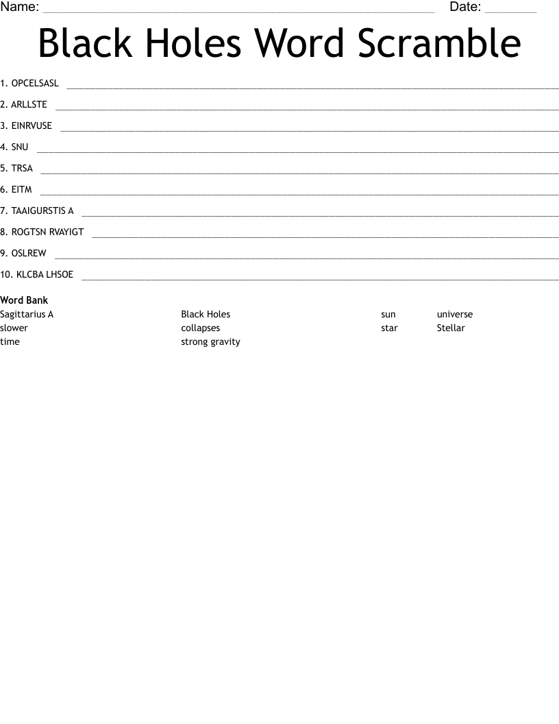 Black Holes Word Scramble - WordMint