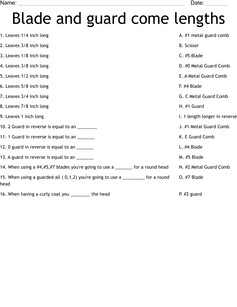 Blade and guard come lengths Worksheet - WordMint