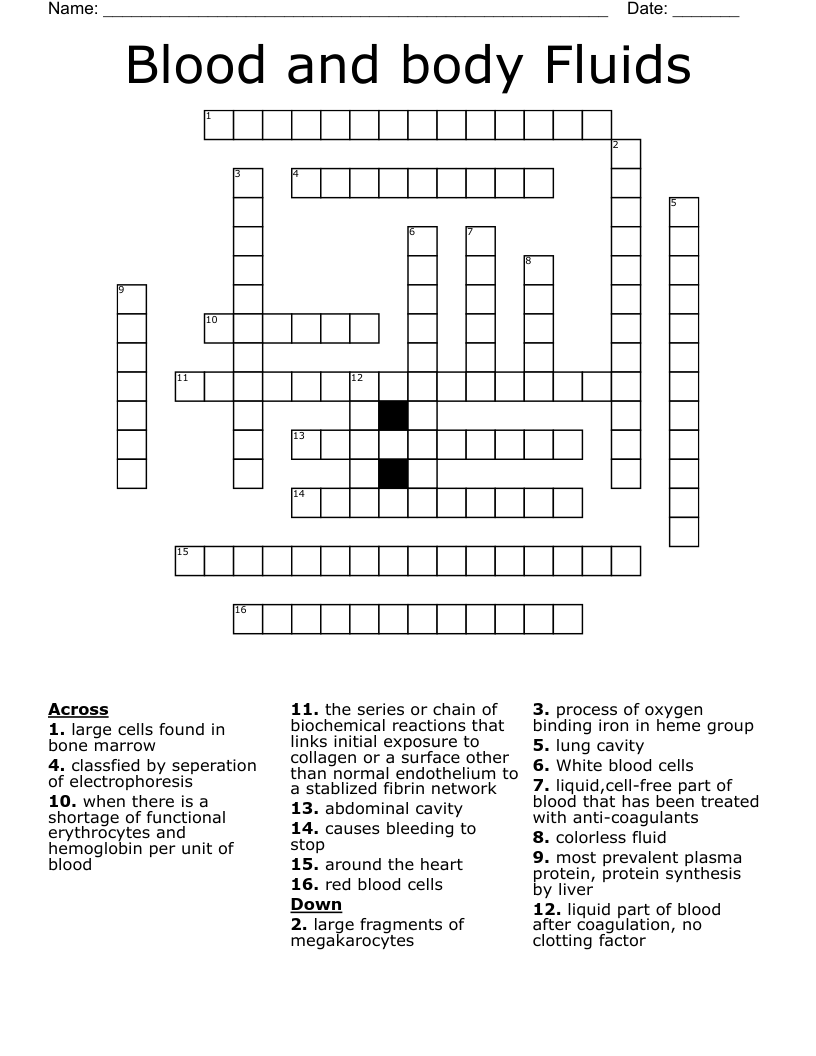 Blood And Body Fluids Crossword WordMint