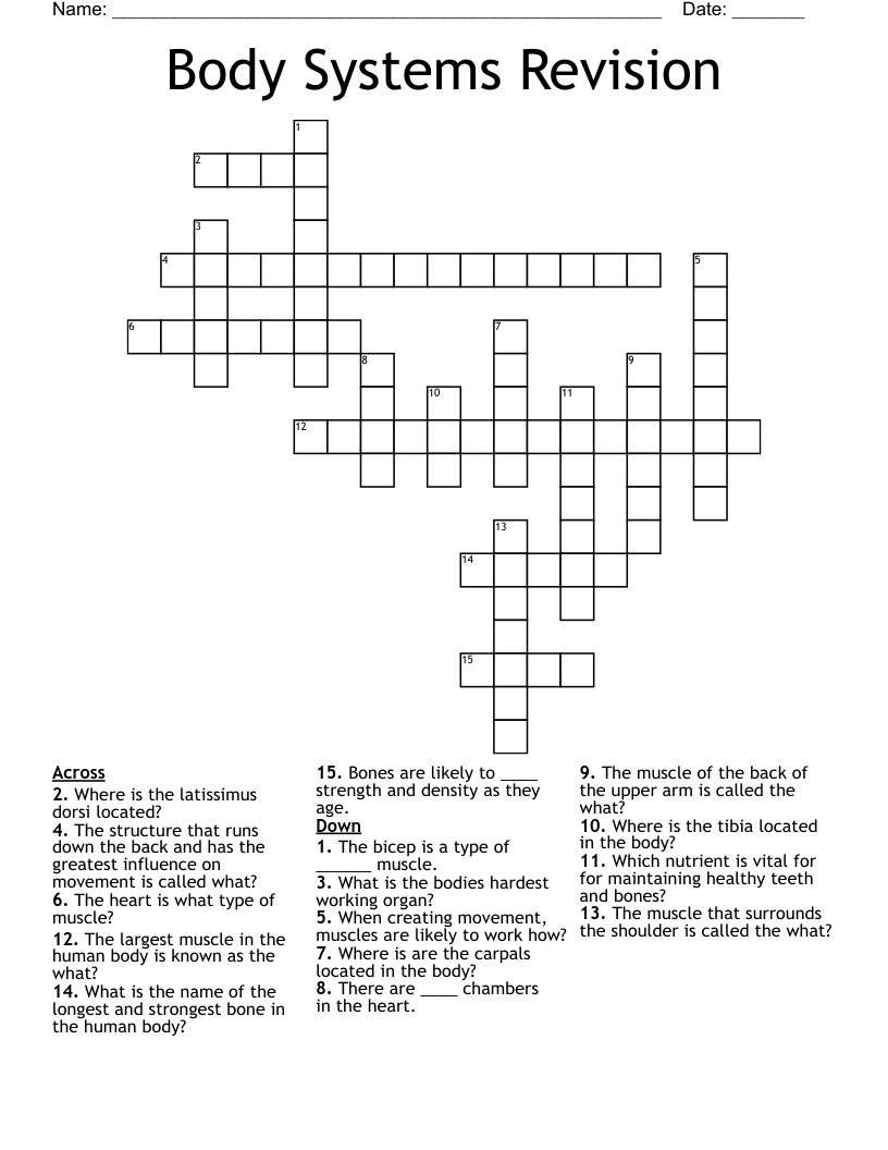 Body Systems Revision Crossword - WordMint