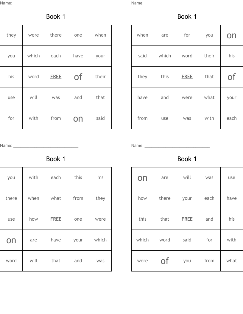 Book 1 Bingo Cards - WordMint