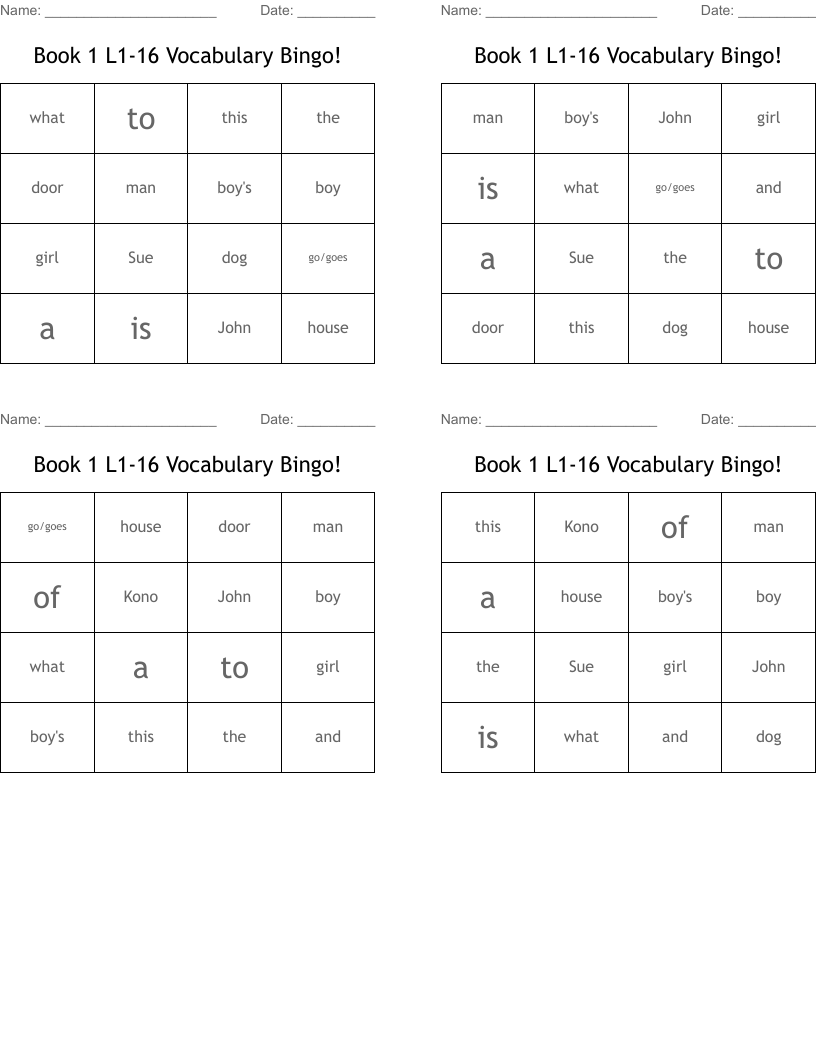 Book 1 L1-16 Vocabulary Bingo! - WordMint
