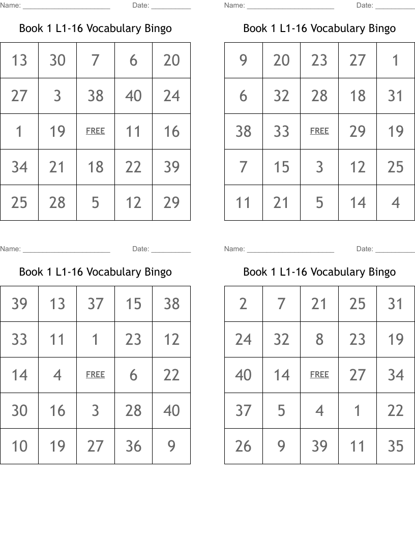 Book 1 L1-16 Vocabulary Bingo - WordMint