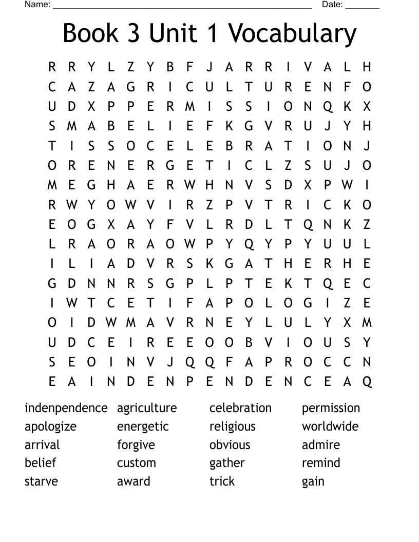 Book 3 Unit 1 Vocabulary Word Search - WordMint