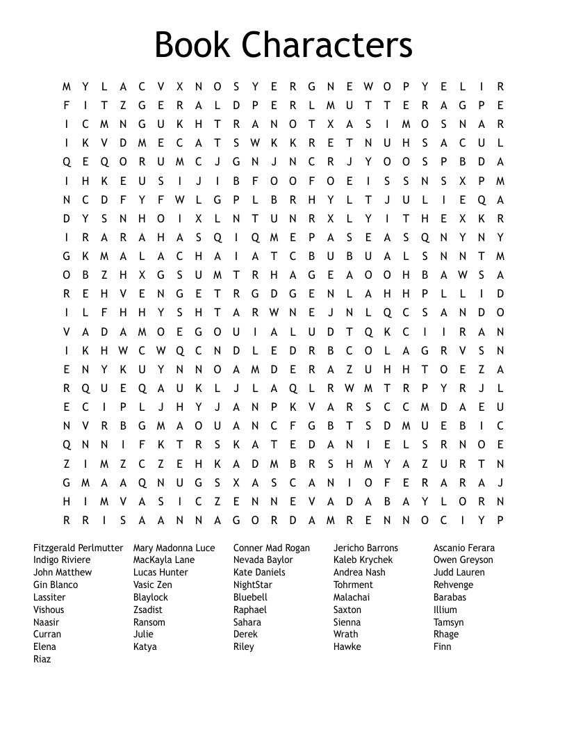 Book Characters Word Search - WordMint