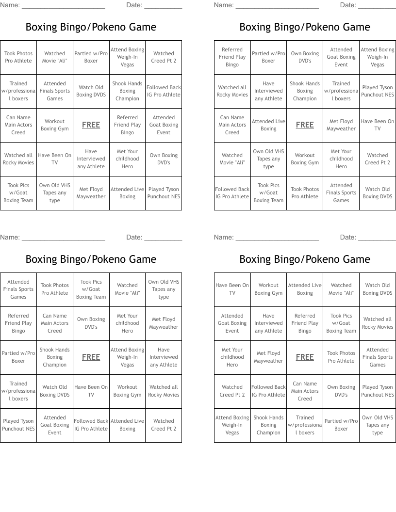 Boxing Bingo/Pokeno Game - WordMint