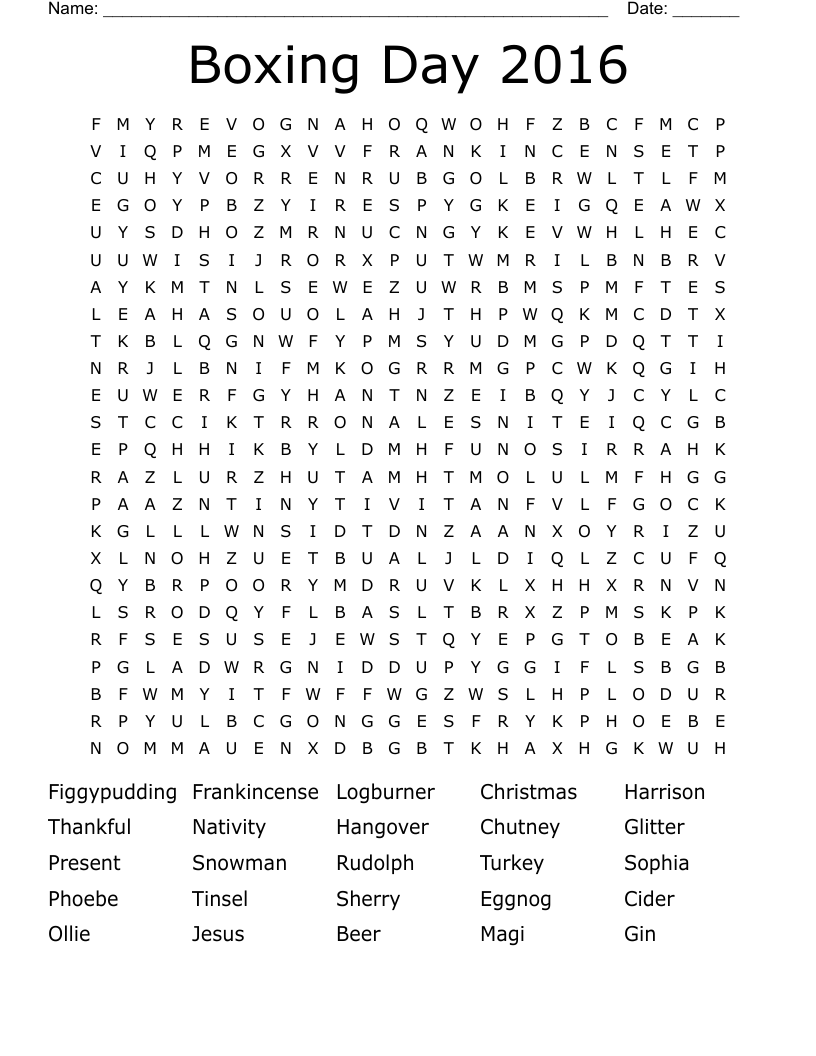 Boxing Day 2016 Word Search - WordMint