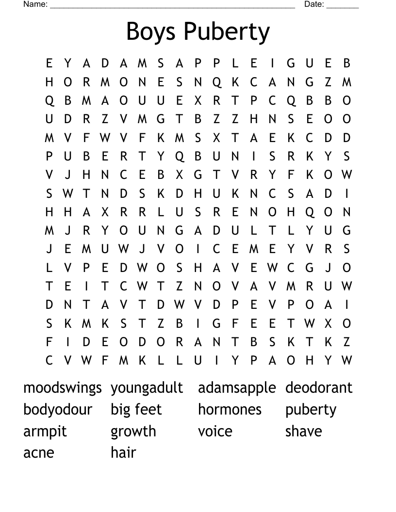 Boys Puberty Word Search - WordMint