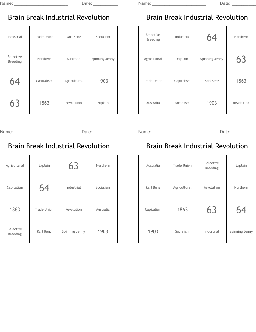 Brain Break Industrial Revolution Bingo Cards - WordMint