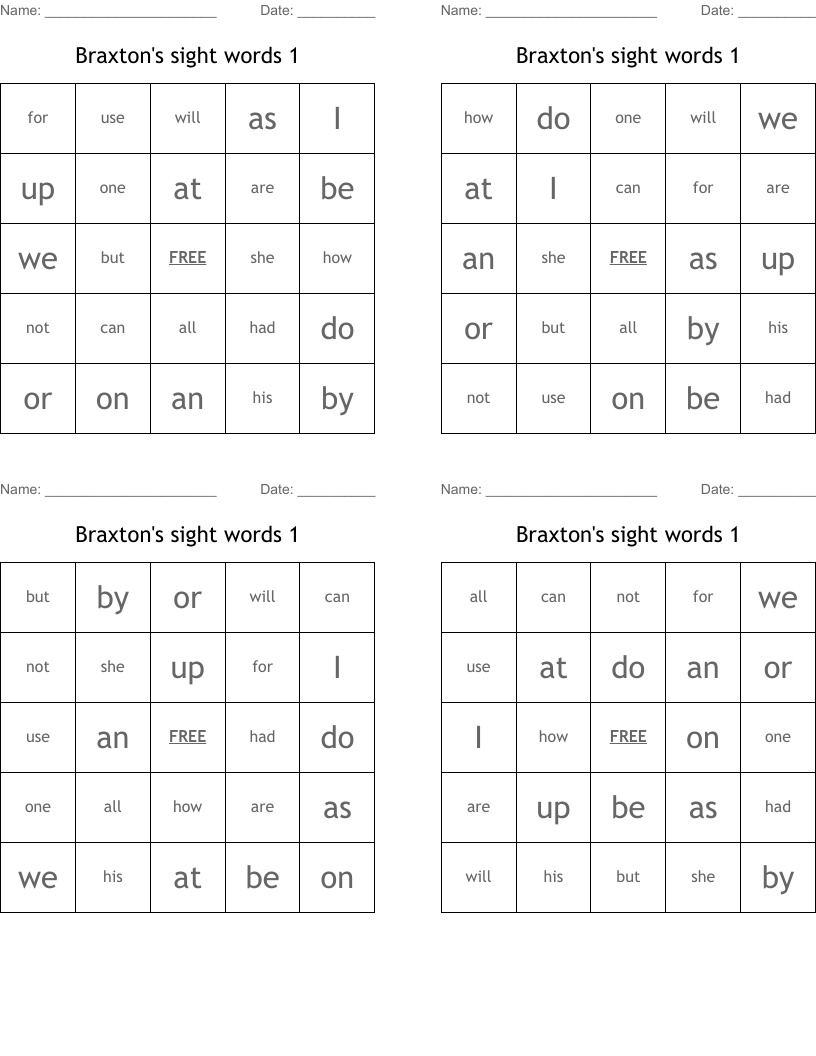 Braxton's sight words 1 Bingo Cards - WordMint