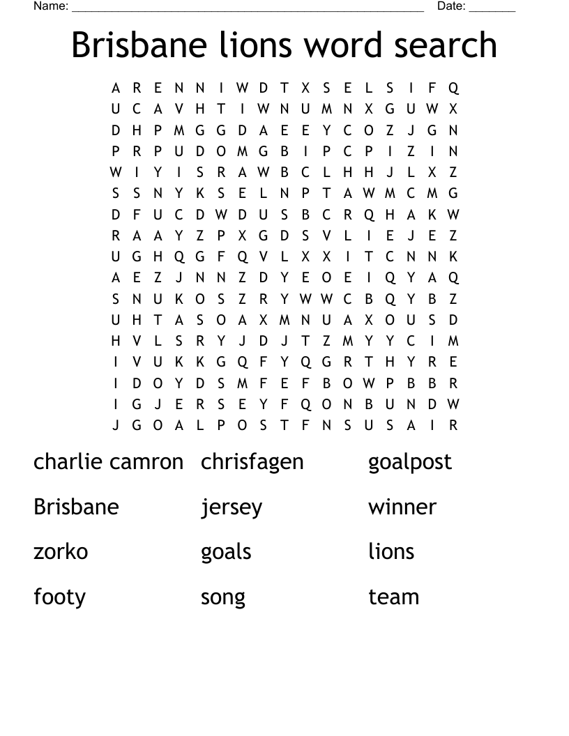 Brisbane lions word search - WordMint