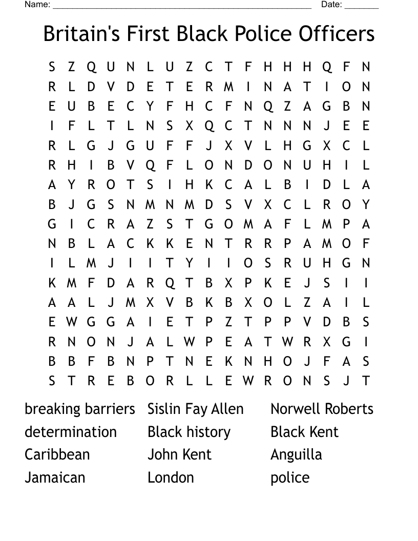 Britain's First Black Police Officers Word Search - WordMint