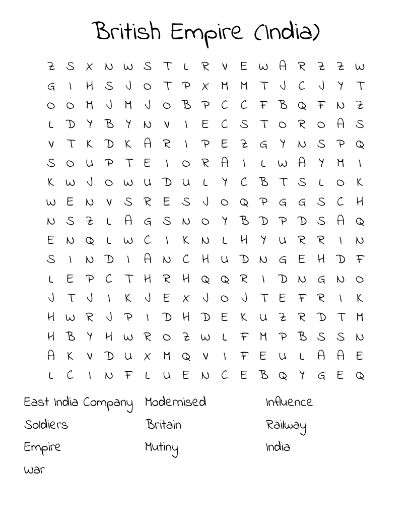 British Empire (India) Word Search - WordMint