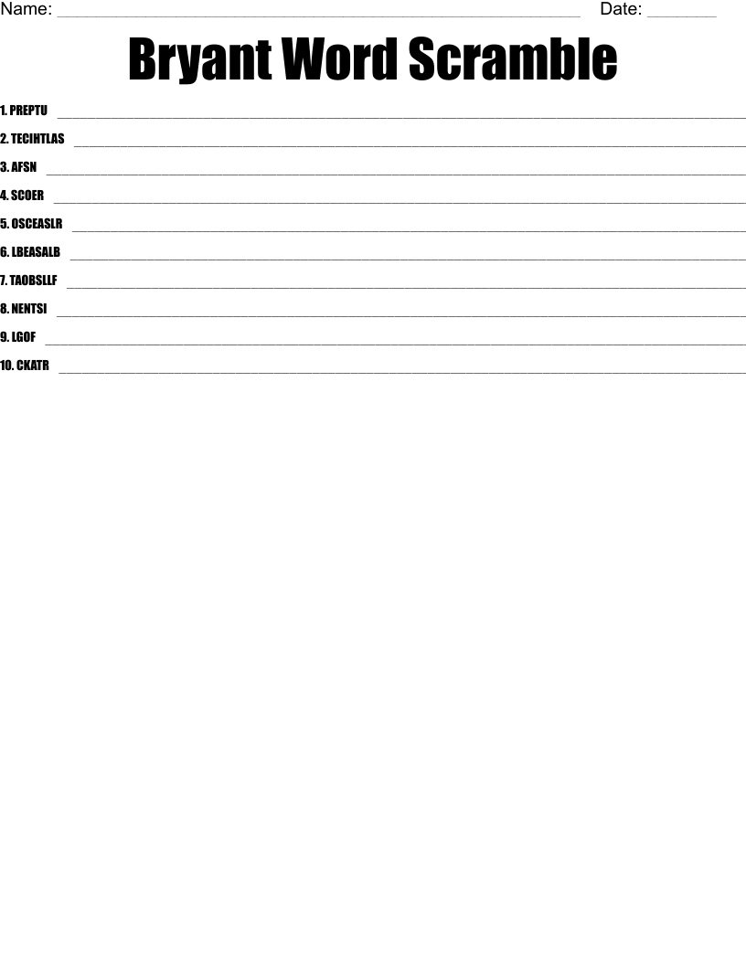 Bryant Word Scramble - WordMint