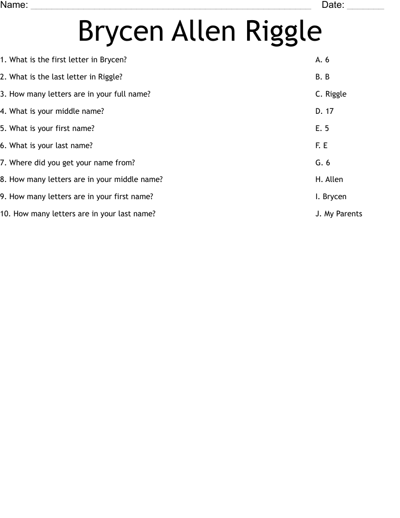 Brycen Allen Riggle Worksheet - WordMint