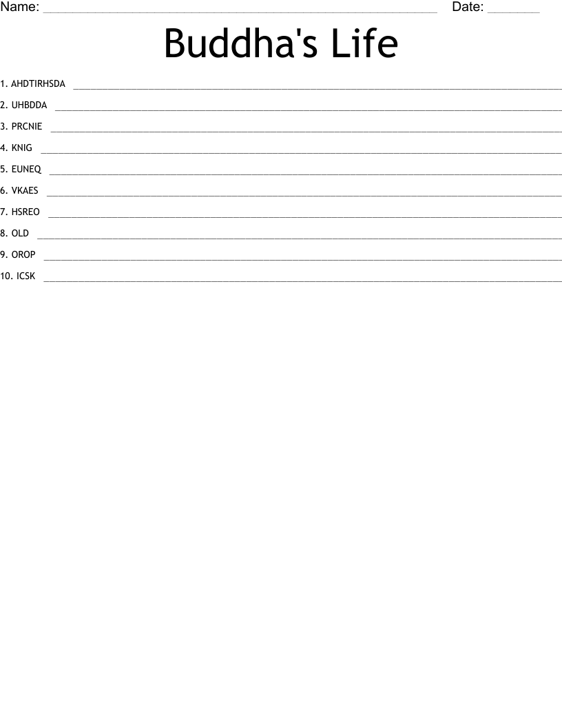 Buddha's Life Word Scramble - WordMint