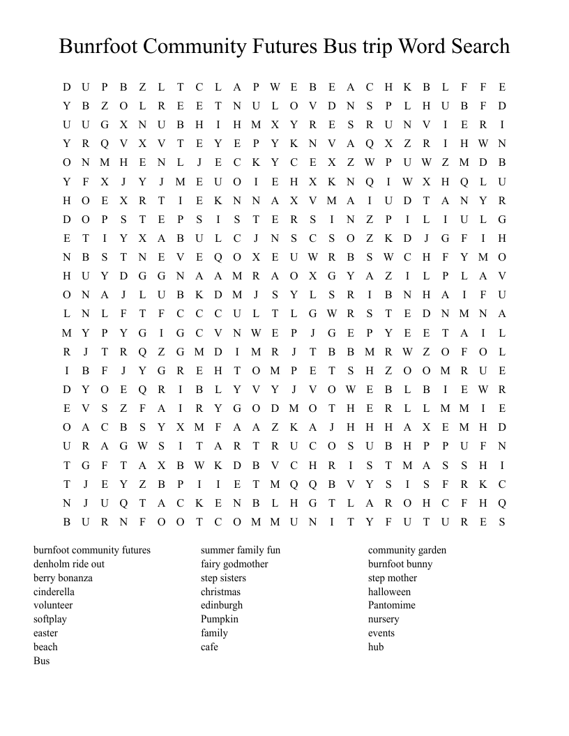 Bunrfoot Community Futures Bus trip Word Search - WordMint