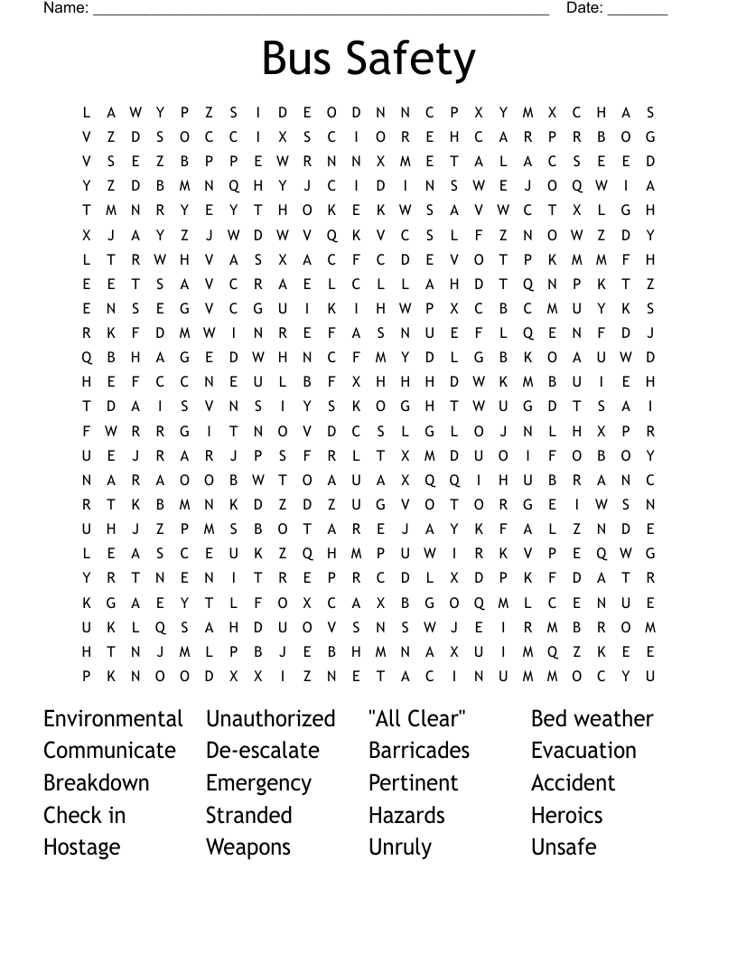Bus Safety Word Search - WordMint