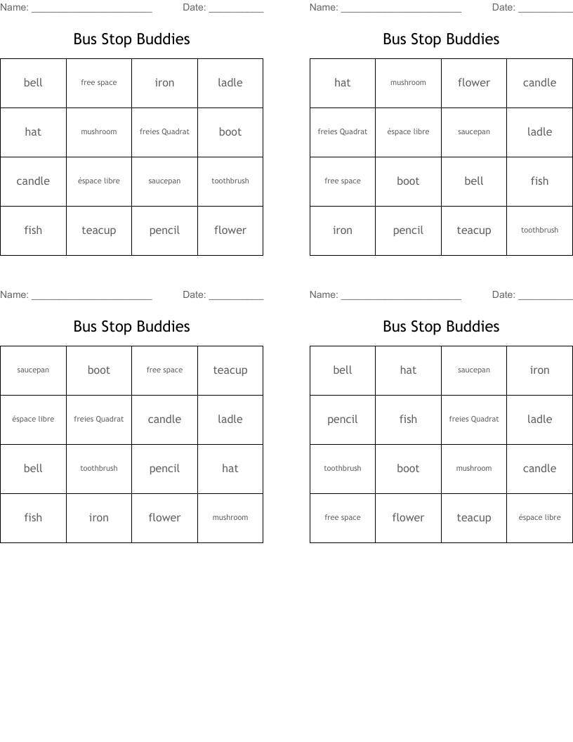 Bus Stop Buddies Bingo Cards - WordMint