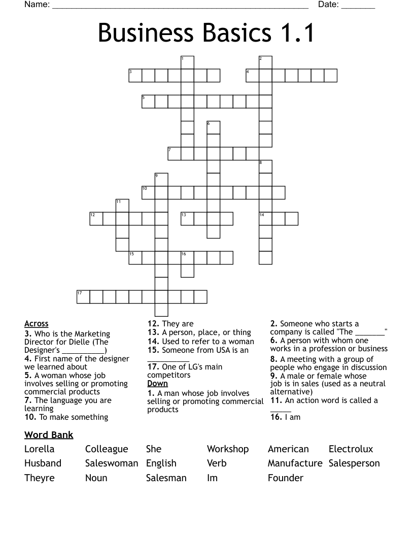 Business Basics 1.1 Crossword - WordMint