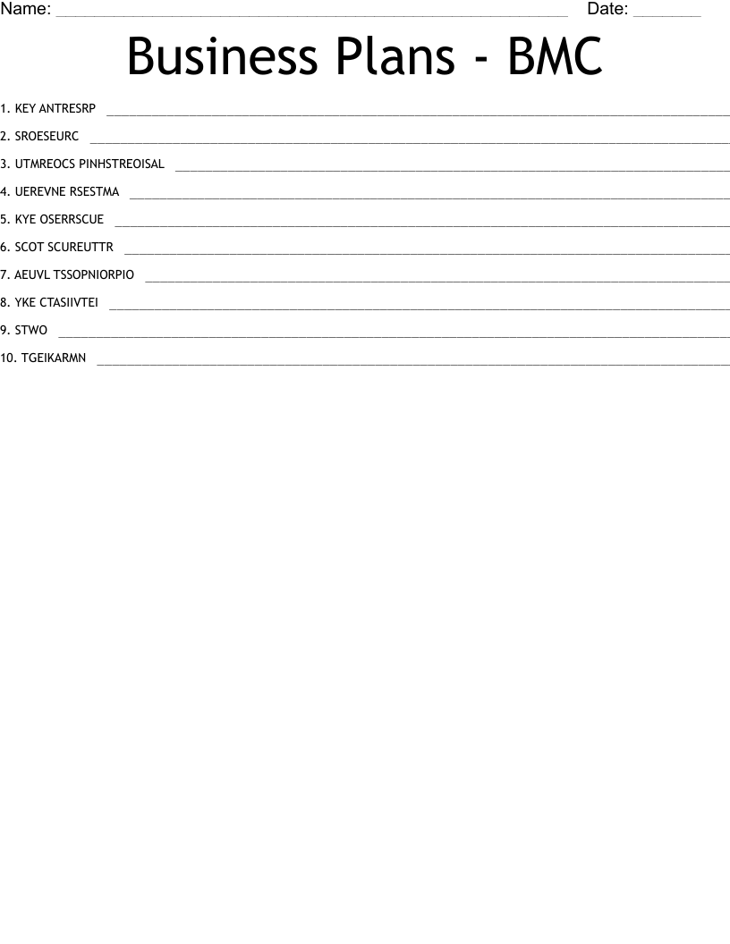Business Plans - BMC Word Scramble - WordMint