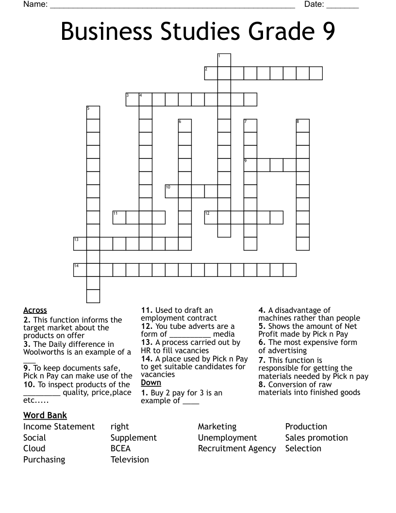 Business Studies Grade 9 Crossword - WordMint