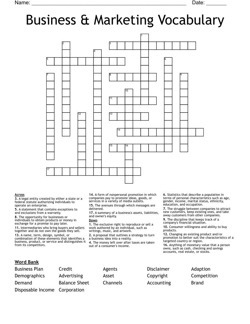 Business & Marketing Vocabulary Crossword - WordMint