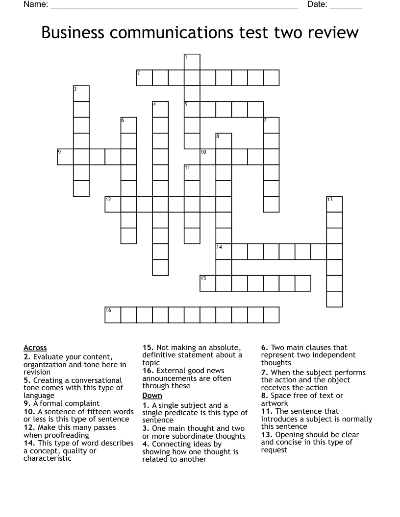 Business communications test two review Crossword - WordMint