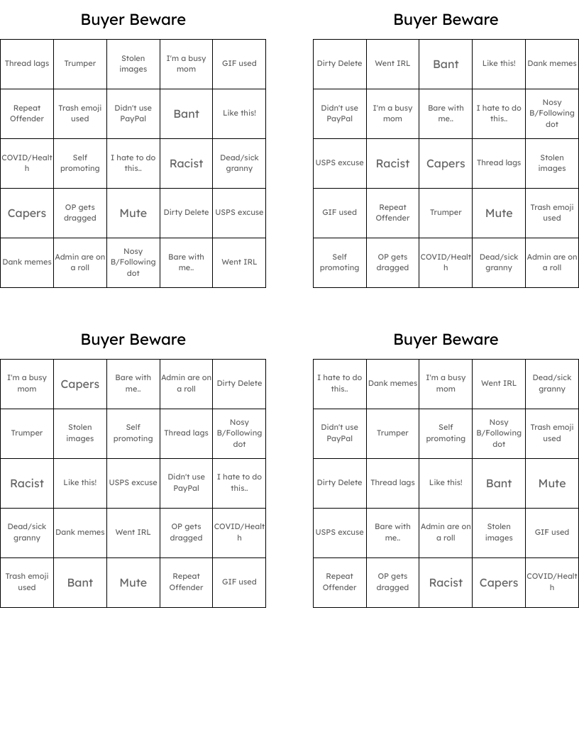 Buyer Beware Bingo Cards - WordMint