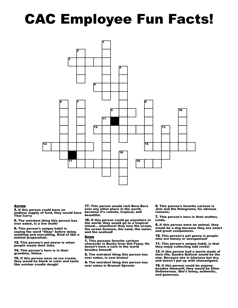 CAC Employee Fun Facts! Crossword - WordMint