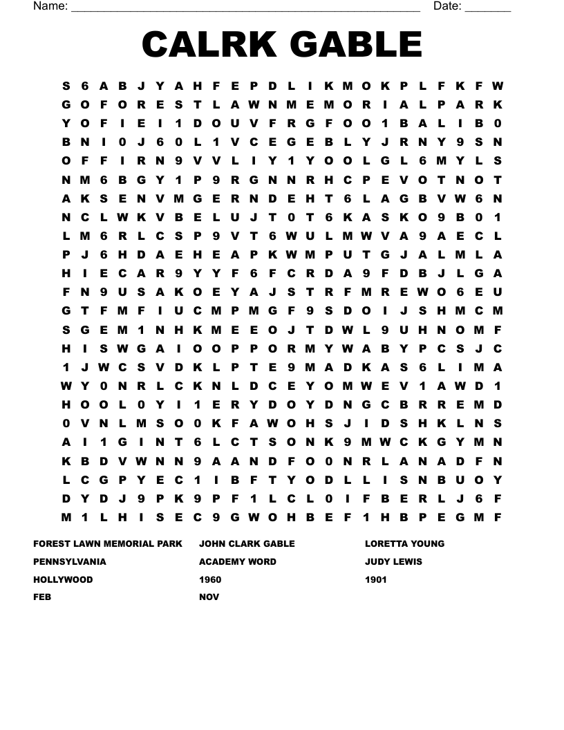 CALRK GABLE Word Search - WordMint