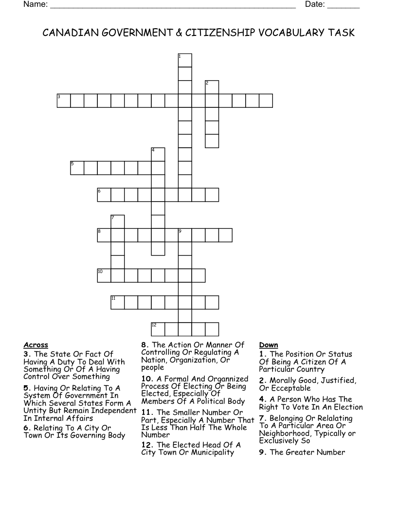 CANADIAN GOVERNMENT & CITIZENSHIP VOCABULARY TASK Crossword - WordMint