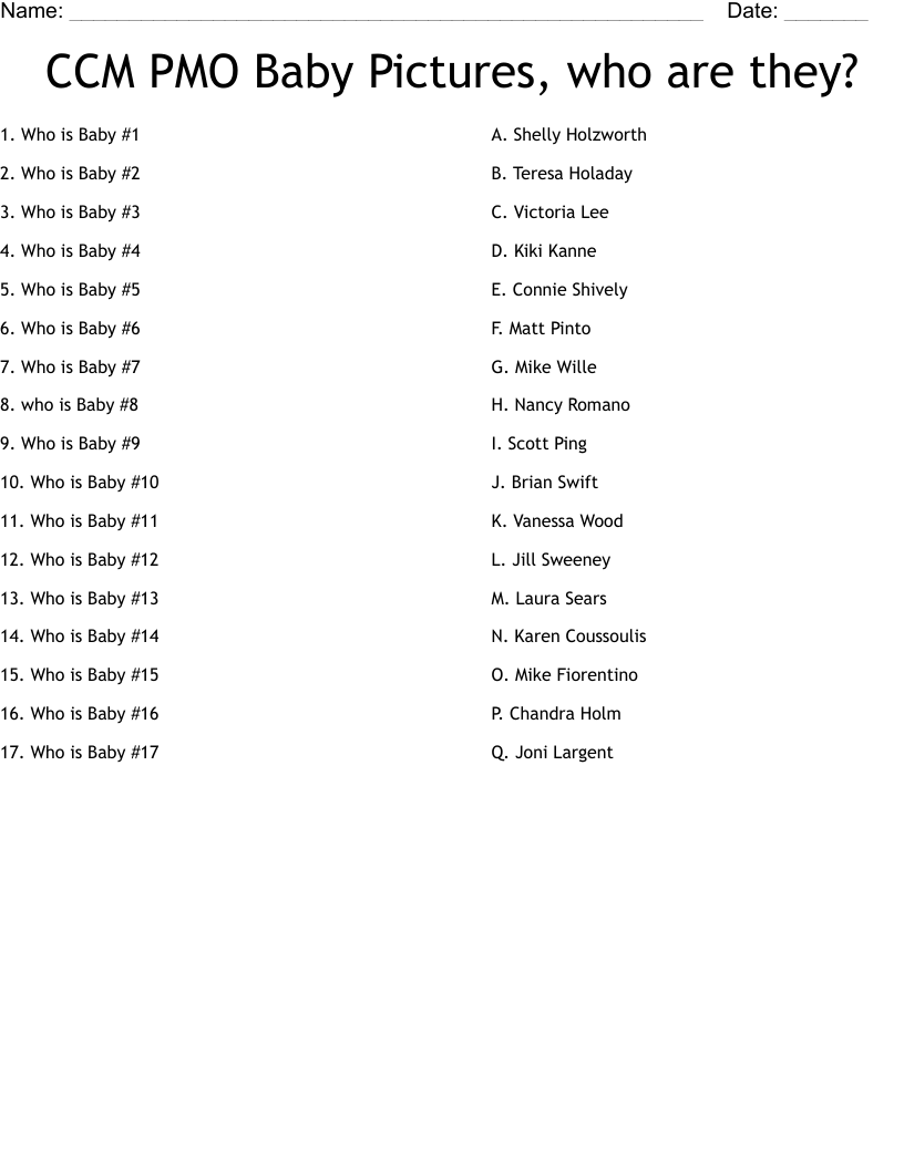 CCM PMO Baby Pictures, who are they? Worksheet - WordMint